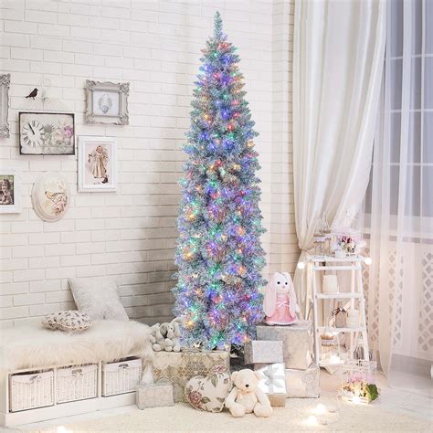 Costway 7 Ft Pre Lit Christmas Tree Hinged Pencil Decoration 350 Multi