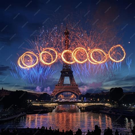 Eiffel Tower With Fireworks At Olympic Games Paris 2024 Premium Ai