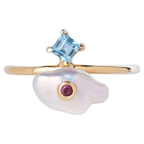14k Yellow Gold White Pearl Blue Topaz Ruby Princess Of Whales Ring Baubou For Sale At 1stdibs