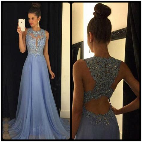 Chiffon A Line Light Blue Lace Applique Bead Sheer Top Formal Dress