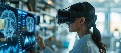 immersed in science researcher in vr headset exploring virtual reality