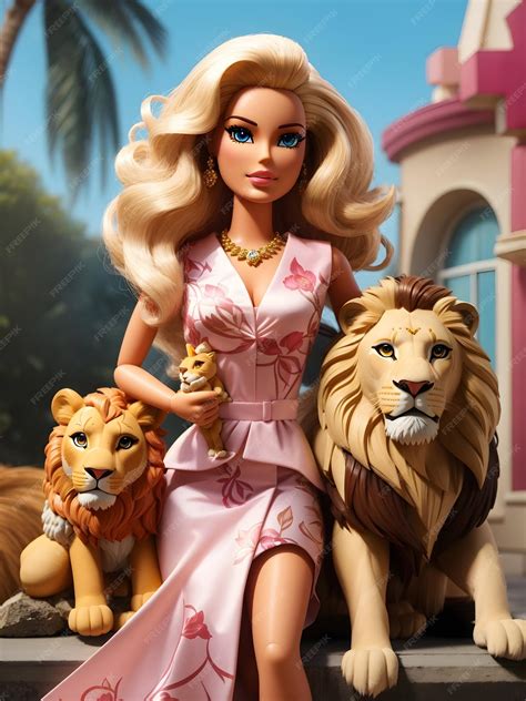 Una Caricatura De Una Barbie Sosteniendo Un León Y Un León En El Lado
