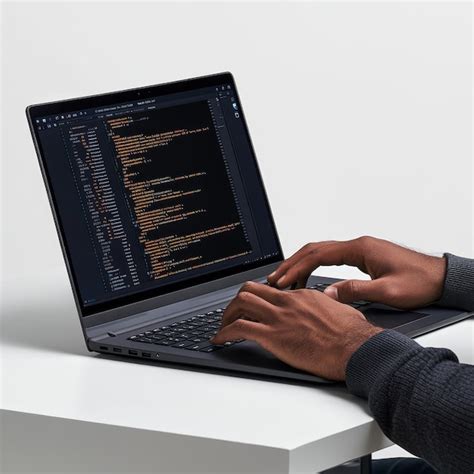 Realistic Image Of Developer Typing Code At Laptop Premium Ai