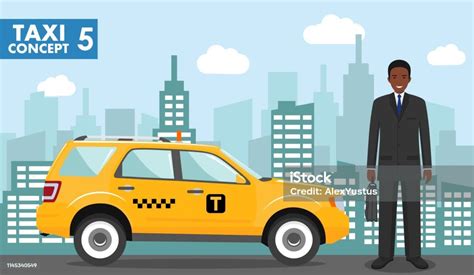 택시 서비스 개념입니다 평면 스타일의 택시와 도시 풍경 배경에 아프리카계 미국인 사업가의 상세한 그림 벡터 일러스트입니다 도시에 대한 스톡 벡터 아트 및 기타 이미지