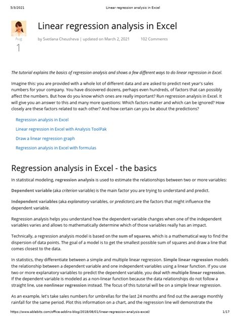 Linear Regression Analysis In Excel Pdf Coefficient Of