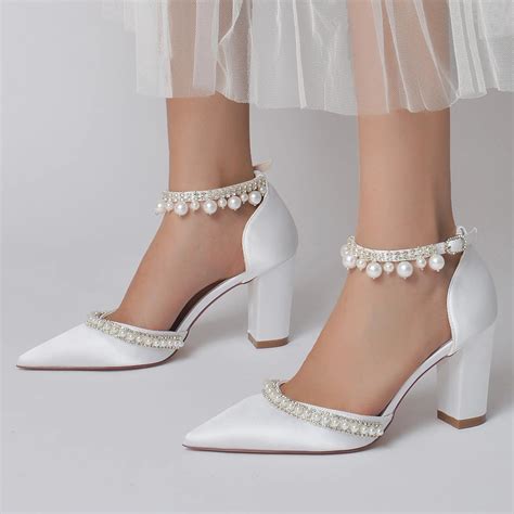 Elegant Satin Evening Pumps With Thick Block Heel Pearls And Ankle Stra
