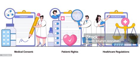 의료 동의 환자 권리 및 의료 규정 개념 캐릭터 의료 윤리 추상 벡터 일러스트레이션 세트입니다 정보에 입각한 동의 기밀 유지 은유 도덕성에 대한 스톡 벡터 아트 및 기타
