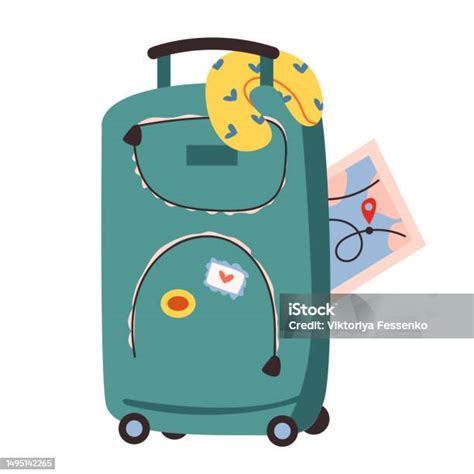 스티커가 붙은 귀여운 여행 가방 여행자의 가방 수하물 가방 여행 개념입니다 만화 벡터 일러스트 레이 션 가방에 대한 스톡 벡터