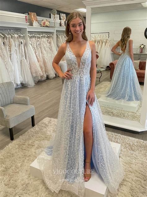 Light Blue Lace Applique Wedding Dresses With Slit Plunging V Neck Bri