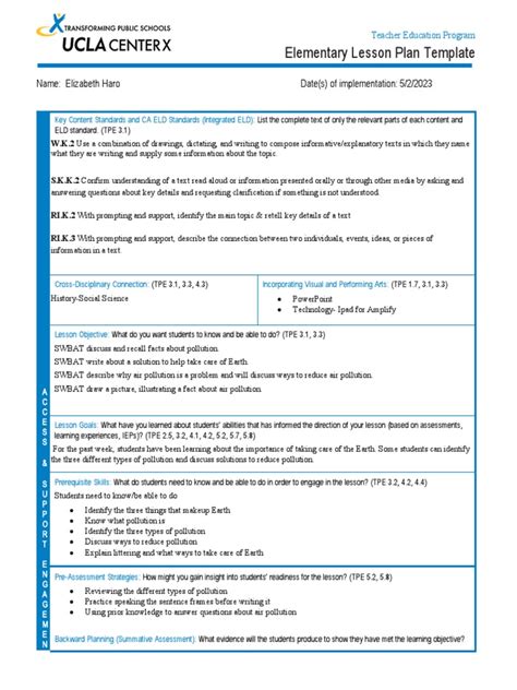 Tep Elementary Lesson Plan Observation 8 Pdf Learning Linguistics