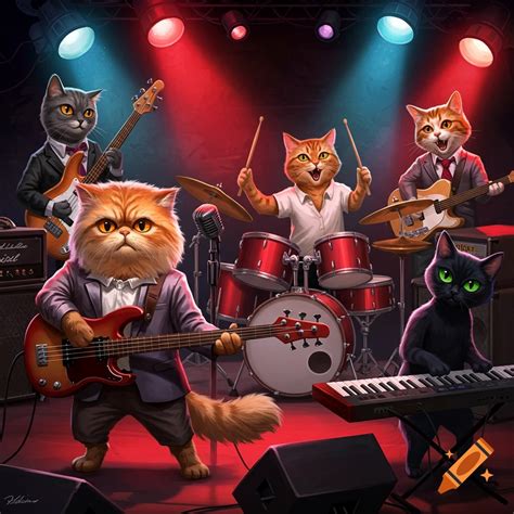 Anthropomorphic Cats Playing Instruments In A Band On A Stage With