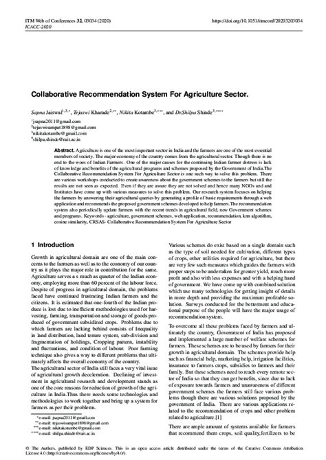 Pdf Collaborative Recommendation System For Agriculture Sector