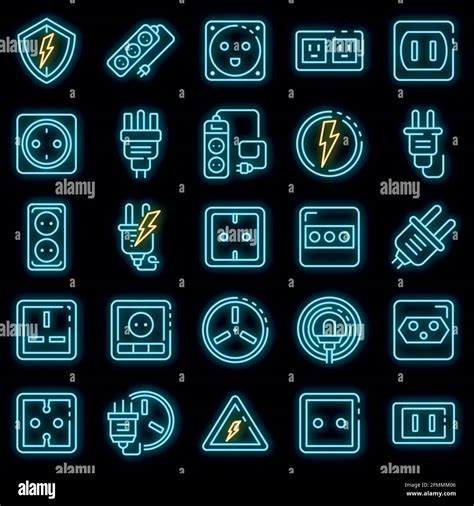 Power Socket Icons Set Outline Set Of Power Socket Vector Icons Neon Color On Black Stock