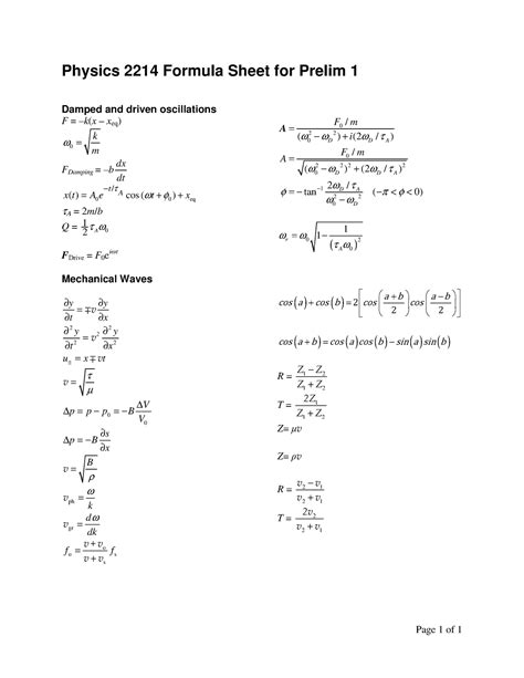 Physics 2214 Formula Sheet For Prelim 1 Page 1 Of 1 Physics 2214