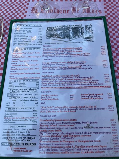 Menu At La Fontaine De Mars Restaurant Paris