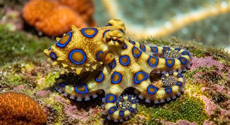 Vibrant Blue Ringed Octopus Displaying Warning Colors On Coral Reef