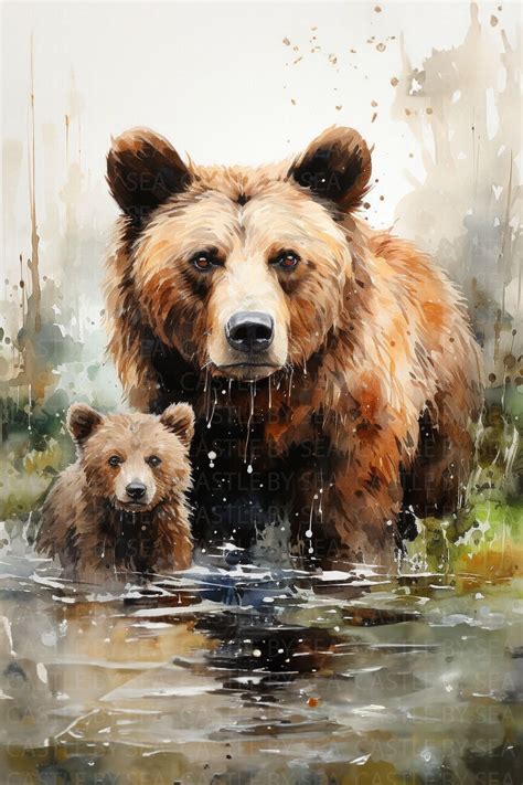 Printable Art Bears At The Brook A Bear With Its Bear Cub By A Creek Watercolor Art