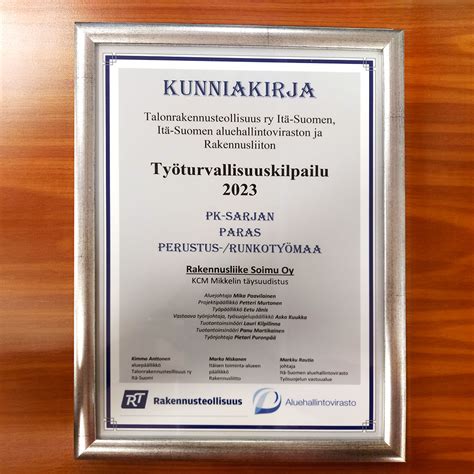 Soimu Palkittiin Työturvallisuudesta Rakennusliike Soimu Oy