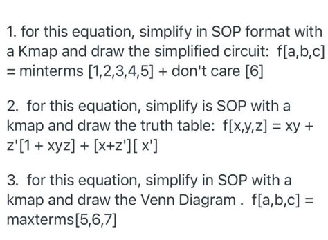 solved 1 for this equation simplify in sop format with a
