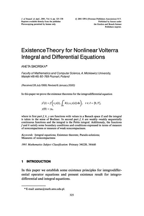 Pdf Existence Theory For Nonlinear Volterra Integral And Differential Equations