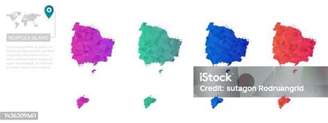 벡터 다각형 노퍽 섬 지도 세트입니다 낮은 폴리 스타일의 국가의 밝은 그라데이션 지도 인포그래픽을 위한 기하학적 스타일의 여러 가지 빛깔의 국가 지도 당신을 위한 다각형