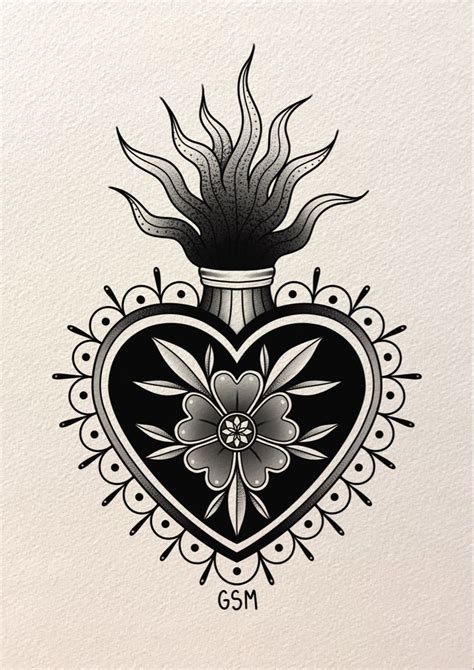 Sacred Heart Tattoo With Flower Intricate Linework Design