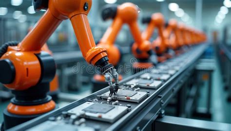 Robotic Arms On Factory Assembly Line Automated Manufacturing Process