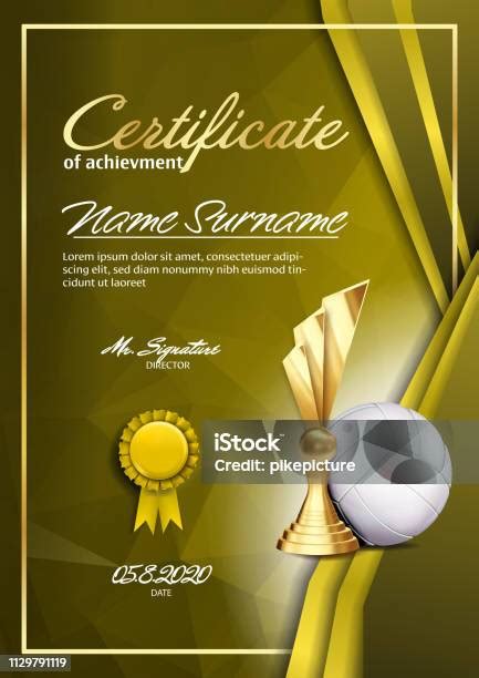 골든 컵 벡터와 배구 게임 인증서 디플로마입니다 스포츠 대학원 챔피언입니다 최고 상금입니다 우승자의 트로피 A4의 수직 일러스트 레이 션 배구에 대한 스톡 벡터 아트 및