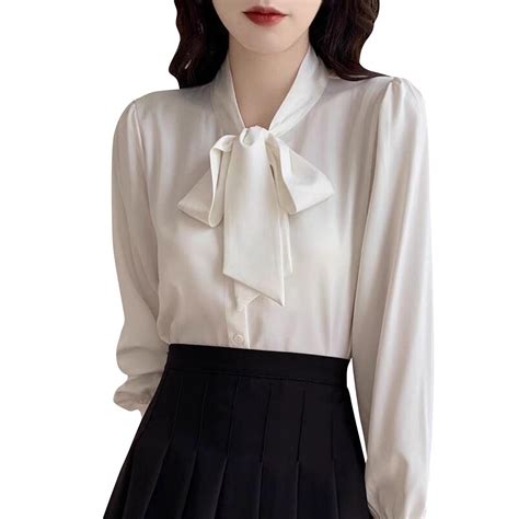 Olyvenn Womens Silk Blouse Long Sleeve Bow Tie Neck Button Down