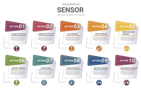 다양한 색상의 인포그래픽 센서 템플릿 아이콘에는 수질 센서 화염 감지기 연기 감지기 알코올 센서 등이 포함됩니다 프리미엄 벡터