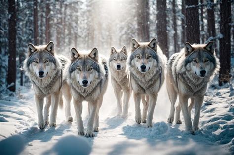 Una Manada De Lobos En Un Bosque Nevado Foto Premium