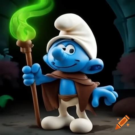 Smurf Wizard Holding A Magic Staff On Craiyon