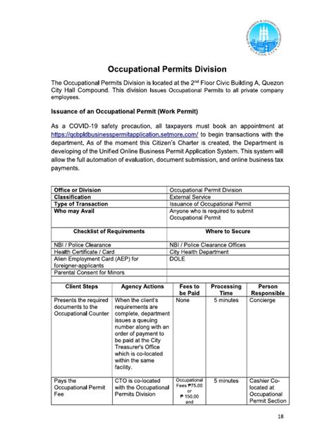 Issuance Of An Occupational Permit Work Permit Pdf