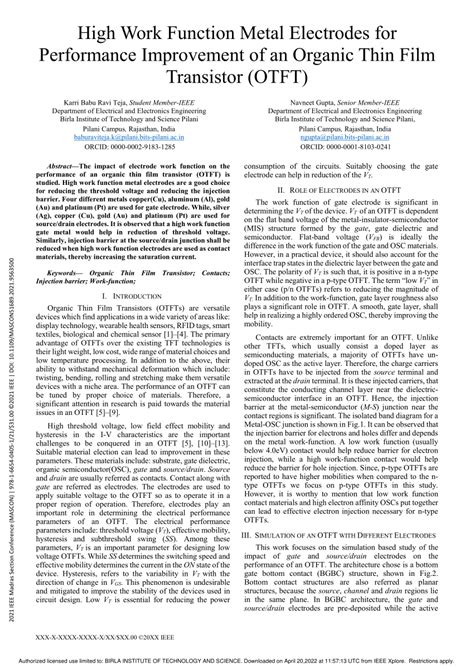 Pdf High Work Function Metal Electrodes For Performance Improvement