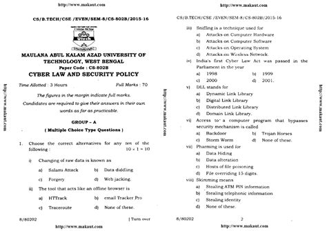 Btech Cse 8 Sem Cyber Law And Security Policy 2016 Cyber Security Studocu