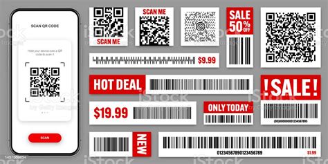 제품 바코드 및 Qr 코드 스마트 폰 응용 프로그램 스캐너 응용 프로그램 판매 스티커 할인 라벨 또는 프로모션 배지 일련 번호 제품 Id 상점 슈퍼마켓 스캔 라벨 벡터 그림