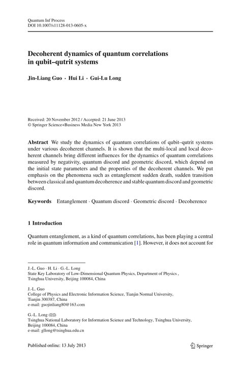 pdf decoherent dynamics of quantum correlations in qubit qutrit systems