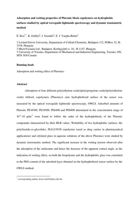Pdf Adsorption And Wetting Properties Of Pluronic Block Copolymers On Hydrophobic Surfaces