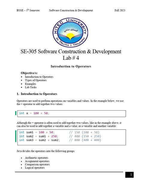 Lab04 Introduction To Operators Pdf Arithmetic Software Development