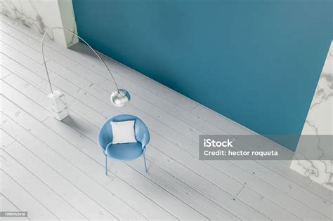 안락 의자와 램프 흰색 나무 바닥과 푸른 집 인테리어의 3d 그림 0명에 대한 스톡 사진 및 기타 이미지 0명 3차원 형태