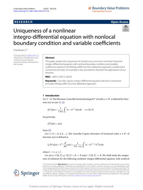 Pdf Uniqueness Of A Nonlinear Integro Differential Equation With