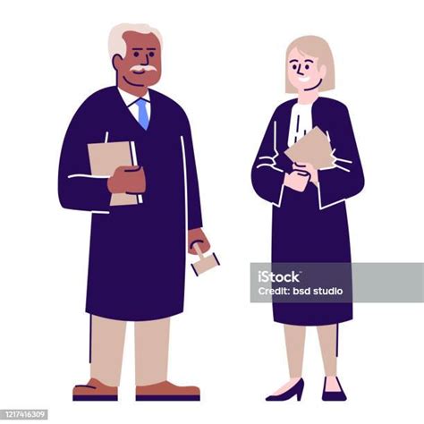 플랫 벡터 문자를 판단합니다 변호사 부부 개요와 만화 일러스트를 옹호 사법 고문 치안 판사 여성과 남성 법률 컨설턴트 흰색 배경에 고립 된 법원 노동자 변호사에 대한 스톡