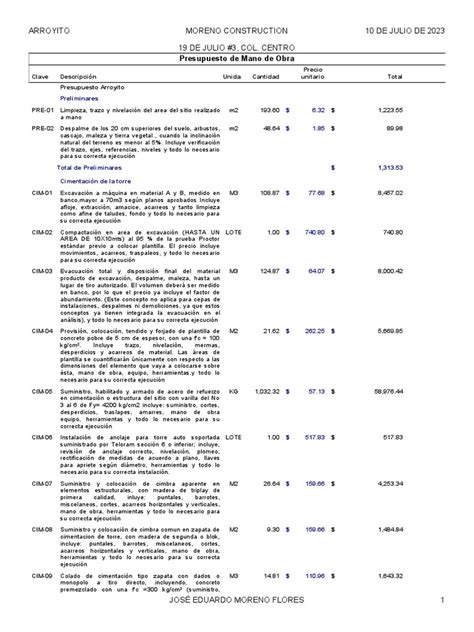 Presupuesto Mano De Obra Pdf Hormigón Fundación Ingeniería