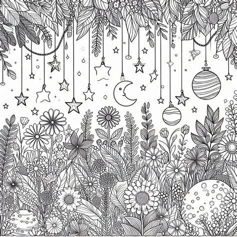 A Garden Of Flowers And Plants With Stars Moons Coloring Page Vector