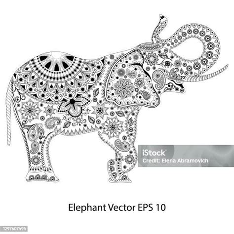 손으로 그린 코끼리와 민족 꽃 낙서 패턴 색칠 페이지 명상 성인을위한 휴식 벡터 일러스트레이션 흰색 배경에 고립 된 디자인 코끼리에 대한 스톡 벡터 아트 및 기타 이미지