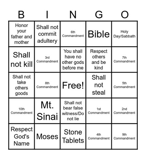 Ten Commandments Bingo Card