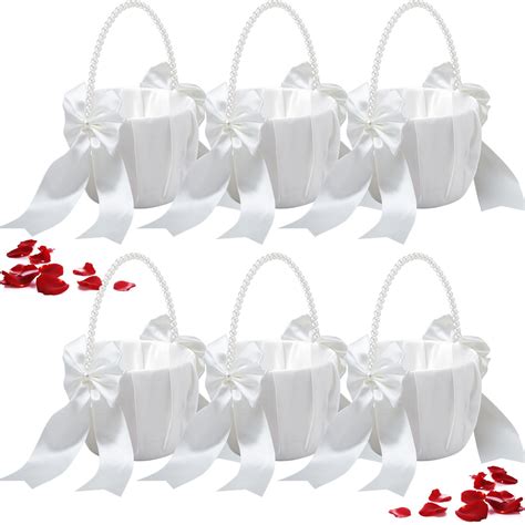 Geetery 6 Pieces Flower Girl Baskets For Weddings With Cute Pearl Handle White Bowknot Satin