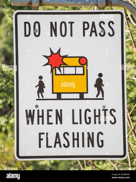 Do Not Pass School Bus Sign At The Highway Junction In Hope British Columbia Canada Stock