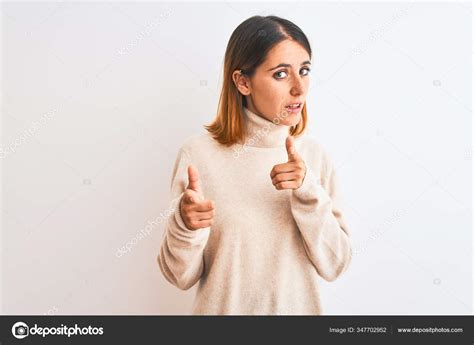 Beautiful Redhead Woman Wearing Winter Turtleneck Sweater Isolated