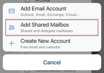 Add Shared Mailbox Option In Outlook App